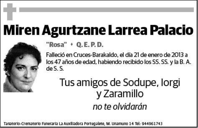 LARREA PALACIO,MIREN AGURTZANE | Esquela Necrológica | El Correo