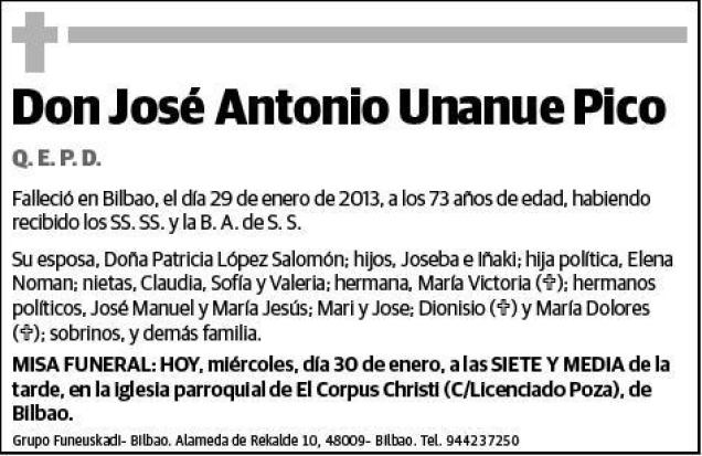 UNANUE PICO,JOSE ANTONIO | Esquela Necrológica | El Correo