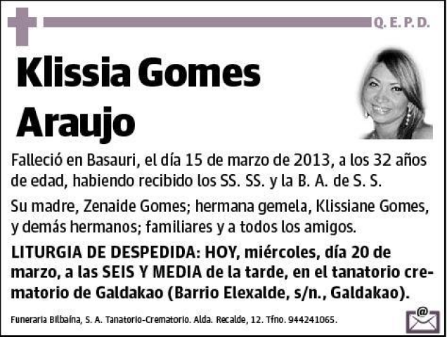 GOMES ARAUJO,KLISSIA | Esquela Necrológica | El Correo