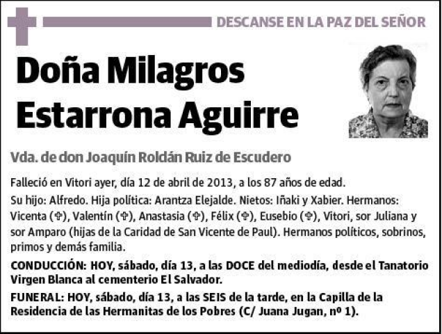 ESTARRONA AGUIRRE,MILAGROS | Esquela Necrológica | El Correo