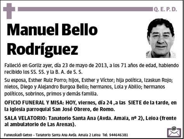 BELLO RODRIGUEZ,MANUEL | Esquela Necrológica | El Correo