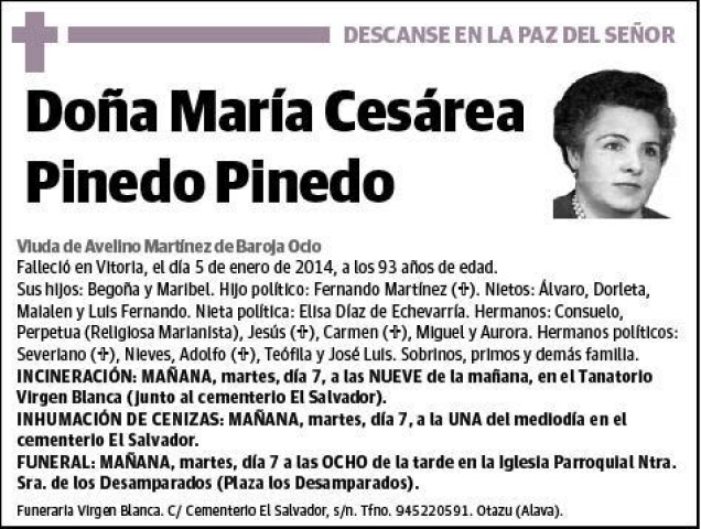 PINEDO PINEDO,MARIA CESAREA | Esquela Necrológica | El Correo