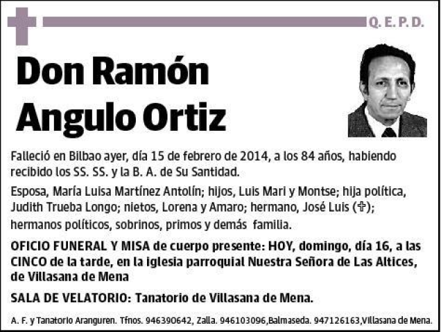 ANGULO ORTIZ,RAMON | Esquela Necrológica | El Correo