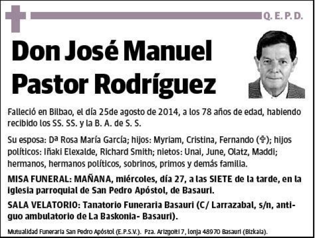 PASTOR RODRIGUEZ,JOSE MANUEL | Esquela Necrológica | El Correo