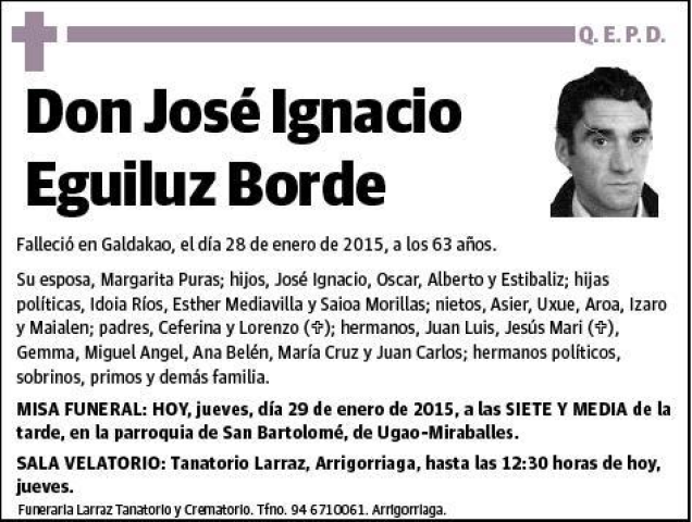 EGUILUZ BORDE,JOSE IGNACIO | Esquela Necrológica | El Correo