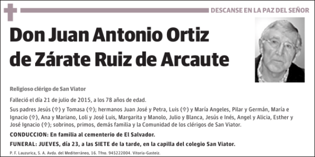 Juan Antonio Ortiz De Zárate Ruiz De Arcaute Esquela Necrológica El
