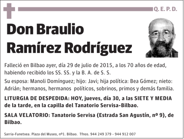 Braulio Ramírez Rodríguez | Esquela Necrológica | El Correo