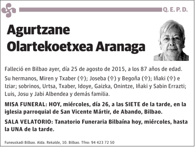 Agurtzane Olartekoetxea Aranaga | Esquela Necrológica | El Correo