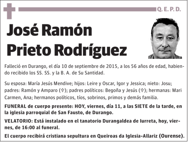 José Ramón Prieto Rodríguez | Esquela Necrológica | El Correo