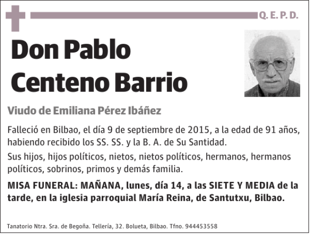 Pablo Centeno Barrio | Esquela Necrológica | El Correo