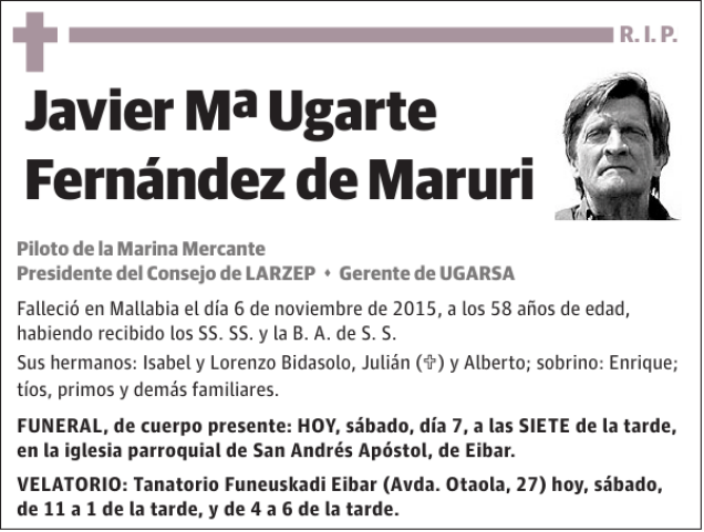 Javier Mª Ugarte Fernández de Maruri | Esquela Necrológica | El Correo