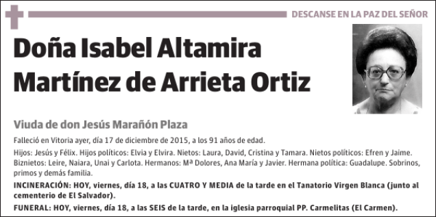 Isabel Altamira Martínez de Arrieta Ortiz | Esquela Necrológica | El Correo