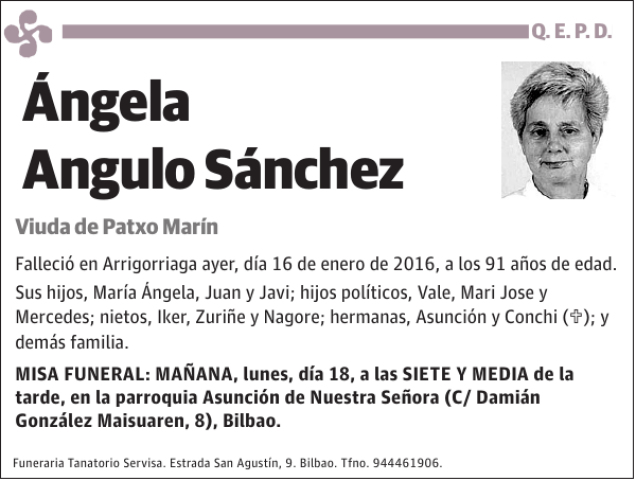Ángela Angulo Sánchez | Esquela Necrológica | El Correo