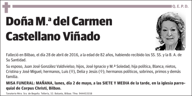 María del Carmen Castellano Viñado | Esquela Necrológica | El Correo