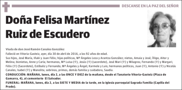 Felisa Martínez Ruiz de Escudero | Esquela Necrológica | El Correo