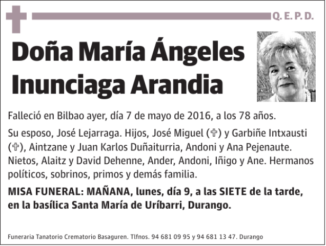 María Ángeles Inunciaga Arandia | Esquela Necrológica | El Correo