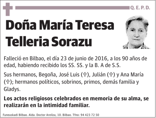 María Teresa Telleria Sorazu | Esquela Necrológica | El Correo
