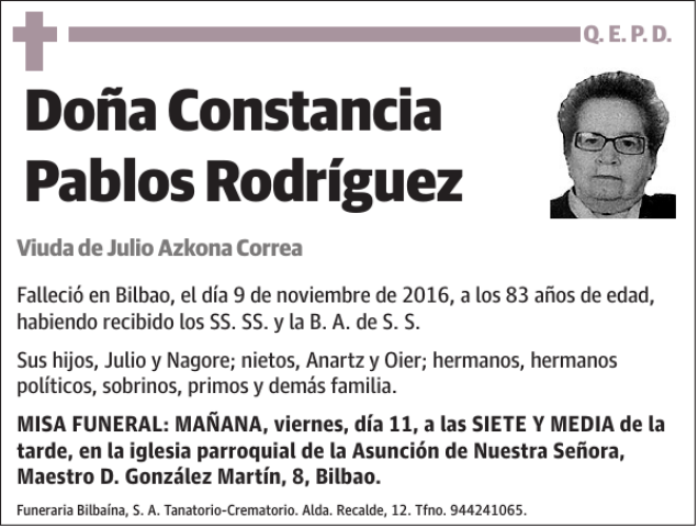 Constancia Pablos Rodríguez Esquela Necrológica El Correo