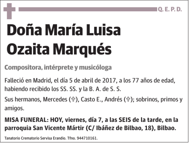 María Luisa Ozaita Marqués | Esquela Necrológica | El Correo
