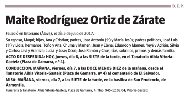 Maite Rodríguez Ortiz de Zárate | Esquela Necrológica | El Correo
