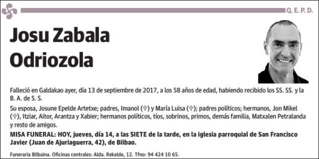 Josu Zabala Odriozola | Esquela Necrológica | El Correo