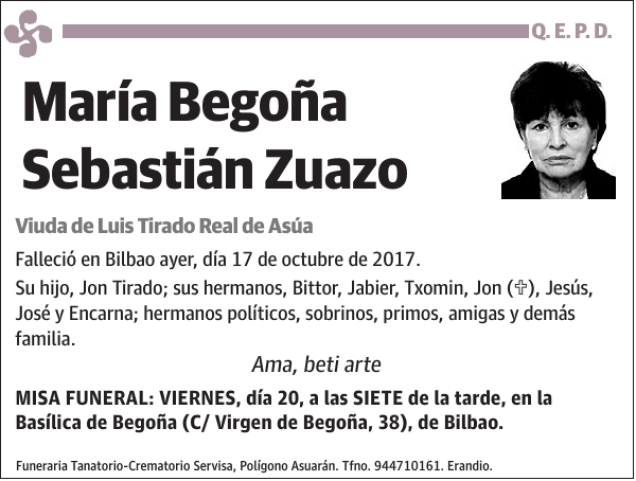 María Begoña Sebastián Zuazo | Esquela Necrológica | El Correo