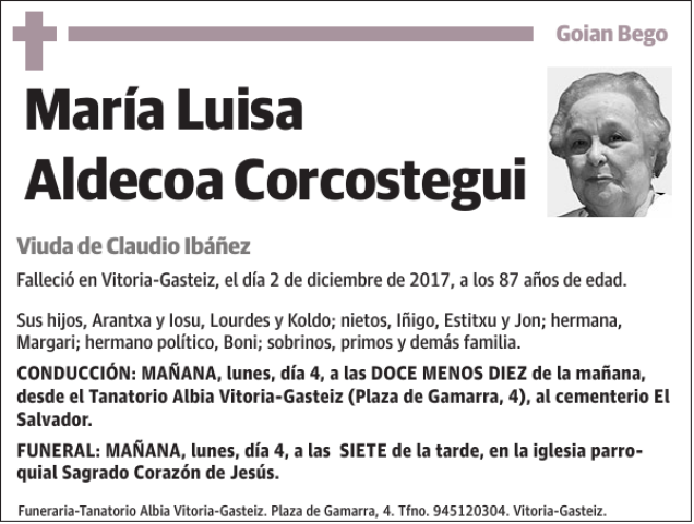María Luisa Aldecoa Corcostegui | Esquela Necrológica | El Correo