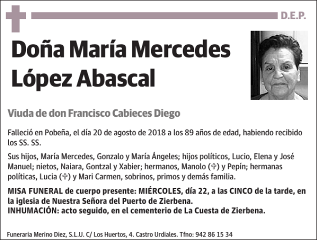 María Mercedes López Abascal | Esquela Necrológica | El Correo