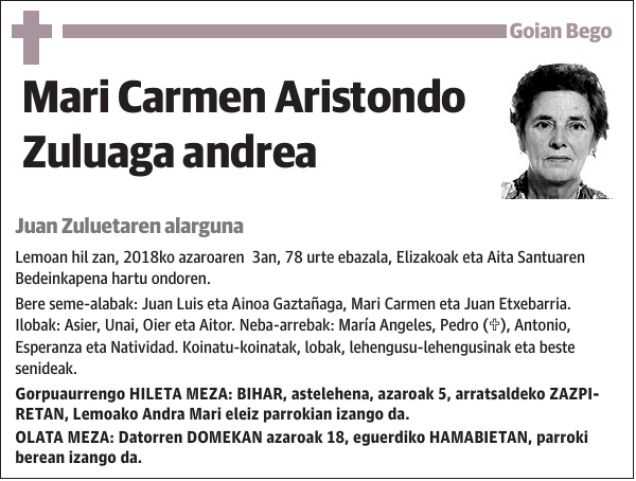 Mari Carmen Aristondo Zuluaga | Esquela Necrológica | El Correo