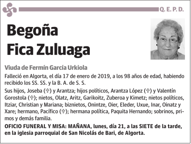 Begoña Fica Zuluaga | Esquela Necrológica | El Correo