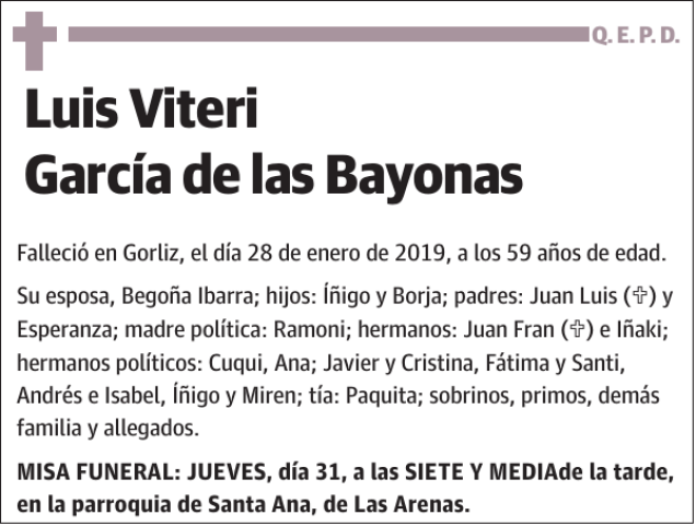 Luis Viteri García de las Bayonas | Esquela Necrológica | El Correo