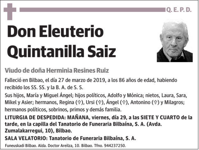 Eleuterio Quintanilla Saiz | Esquela Necrológica | El Correo