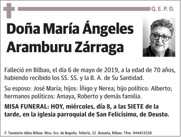 María Ángeles Aramburu Zárraga | Esquela Necrológica | El Correo