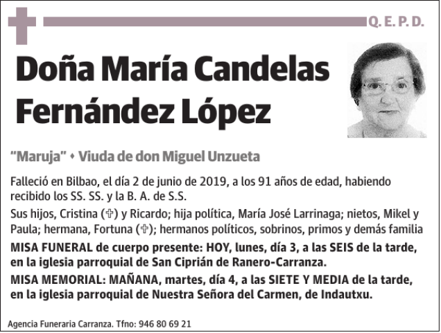 María Candelas Fernández López | Esquela Necrológica | El Correo
