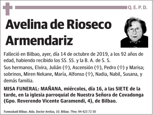Avelina de Rioseco Armendariz | Esquela Necrológica | El Correo Avelina de Rioseco Armendariz | Esquela Necrológica | El Correo