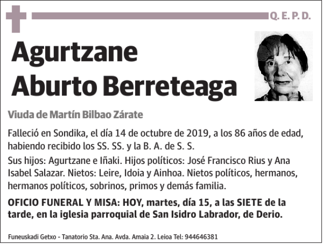 Agurtzane Aburto Berreteaga | Esquela Necrológica | El Correo