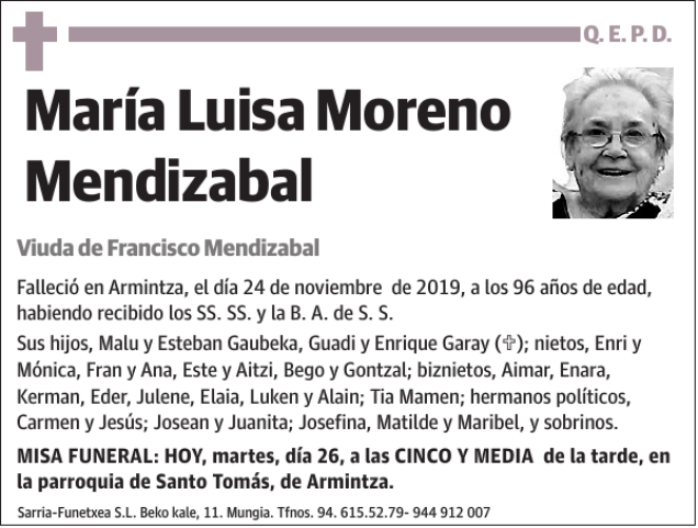 María Luisa Moreno Mendizabal | Esquela Necrológica | El Correo