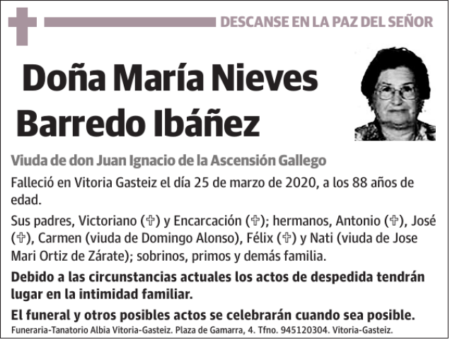 María Nieves Barredo Ibáñez | Esquela Necrológica | El Correo