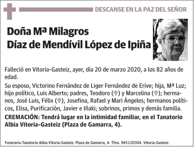 Mª Milagros Díaz de Mendívil López de Ipiña | Esquela Necrológica | El Correo