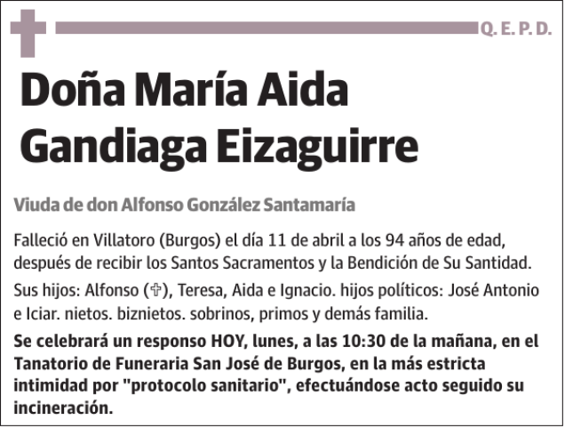 María Aida Gandiaga Eizaguirre | Esquela Necrológica | El Correo