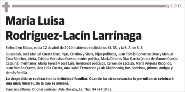 María Luisa Rodríguez-Lacín Larrínaga | Esquela Necrológica | El Correo