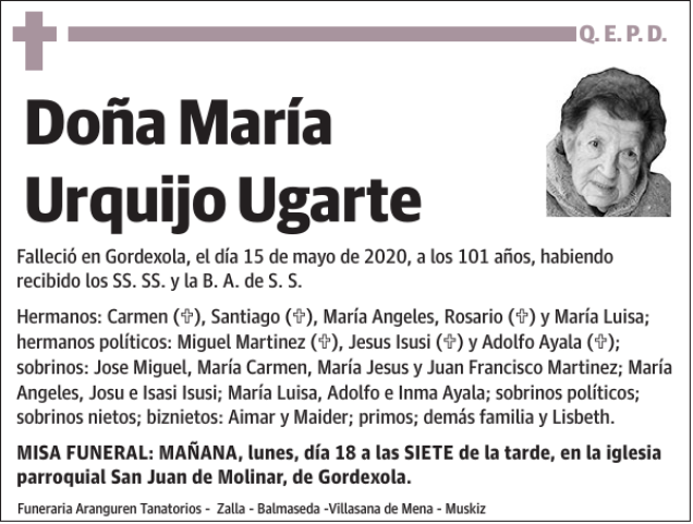 María Urquijo Ugarte | Esquela Necrológica | El Correo