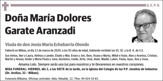 María Dolores Garate Aranzadi | Esquela Necrológica | El Correo