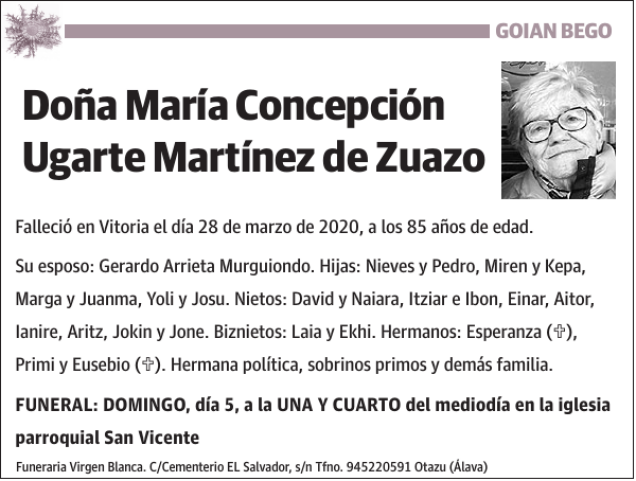 María Concepción Ugarte Martínez de Zuazo | Esquela Necrológica | El Correo