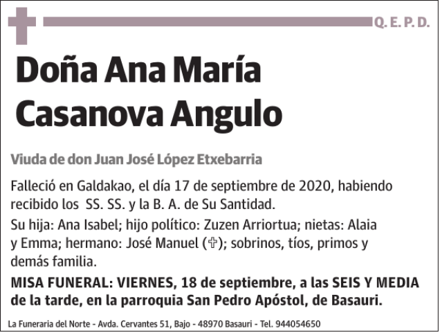 Ana María Casanova Angulo | Esquela Necrológica | El Correo
