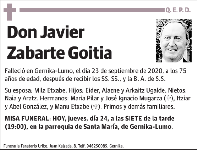 Javier Zabarte Goitia | Esquela Necrológica | El Correo