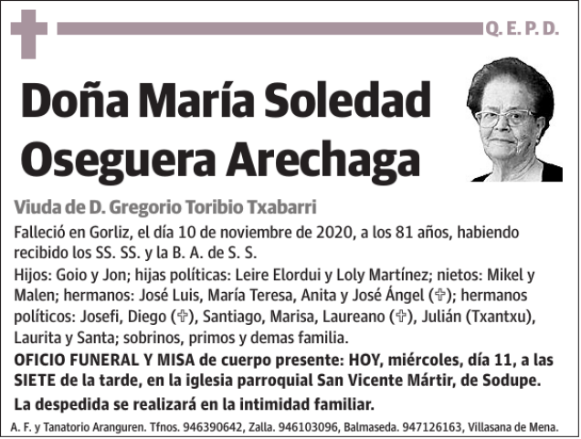 María Soledad Oseguera Arechaga | Esquela Necrológica | El Correo