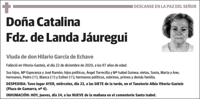 Catalina Fdz. de Landa Jáuregui | Esquela Necrológica | El Correo