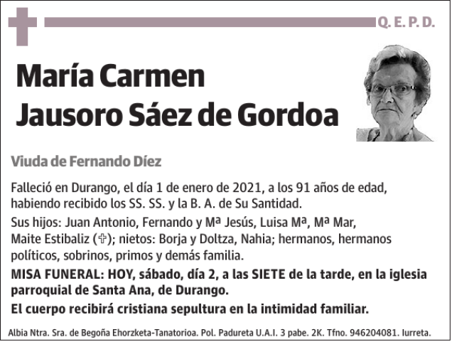 María Carmen Jausoro Sáez de Gordoa | Esquela Necrológica | El Correo