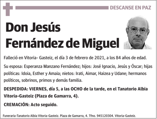 Jesús Fernández de Miguel | Esquela Necrológica | El Correo